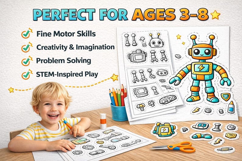 Build a Robot Coloring & Cut and Paste Bundle | Robot Craft Printable ...