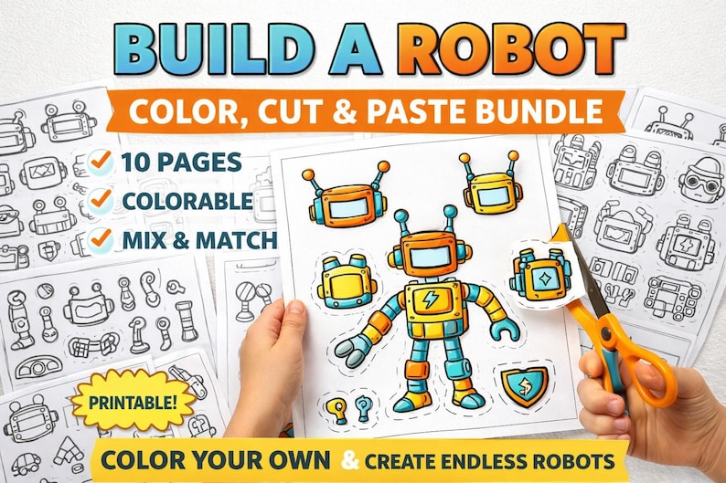 Build a Robot Coloring & Cut and Paste Bundle | Robot Craft Printable ...