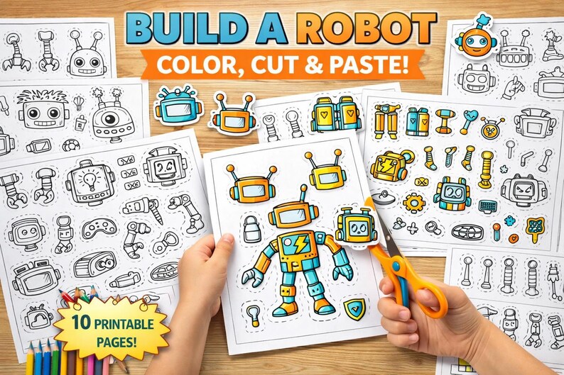 Build a Robot Coloring & Cut and Paste Bundle | Robot Craft Printable ...