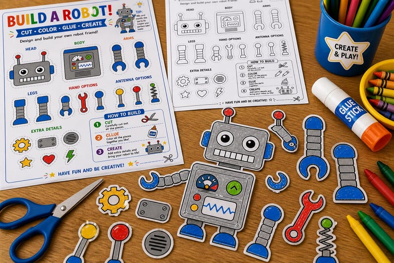 Build a Robot Cut and Paste Activity | Robot Craft Printable for Kids ...