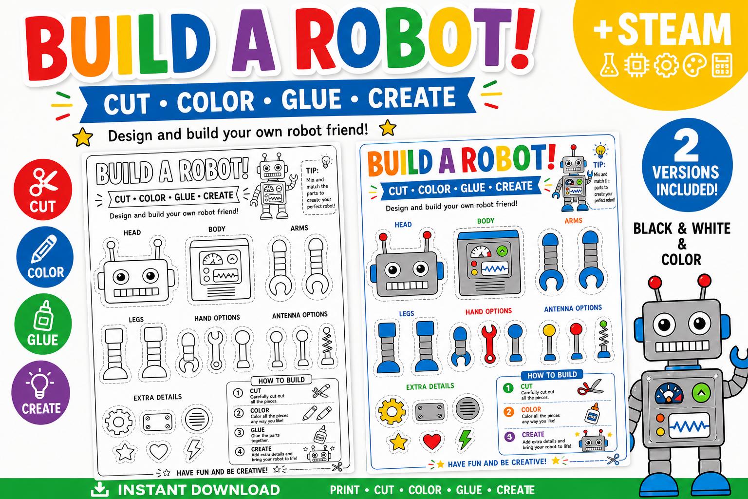 Build a Robot Cut and Paste Activity | Robot Craft Printable for Kids ...