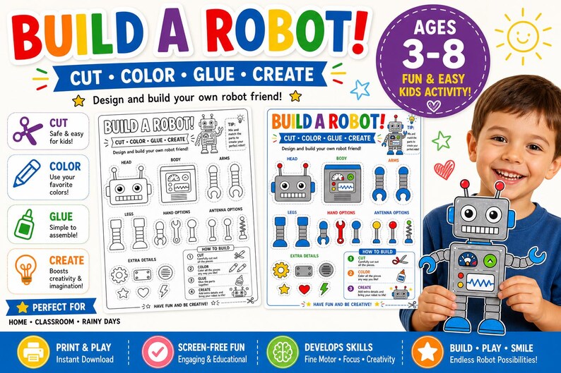 Build a Robot Cut and Paste Activity | Robot Craft Printable for Kids ...