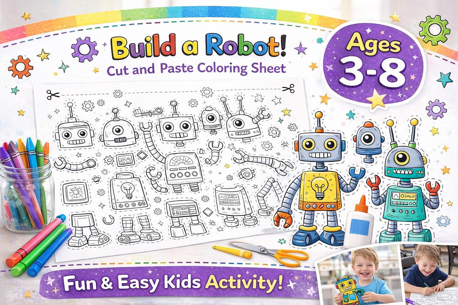 Build a Robot Cut and Paste Coloring Sheet | Robot Craft Printable for ...