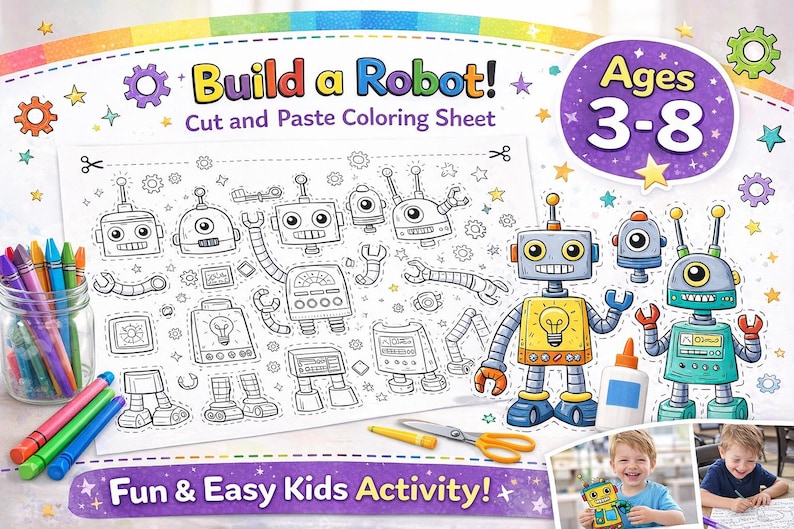 Build a Robot Cut and Paste Coloring Sheet | Robot Craft Printable for ...