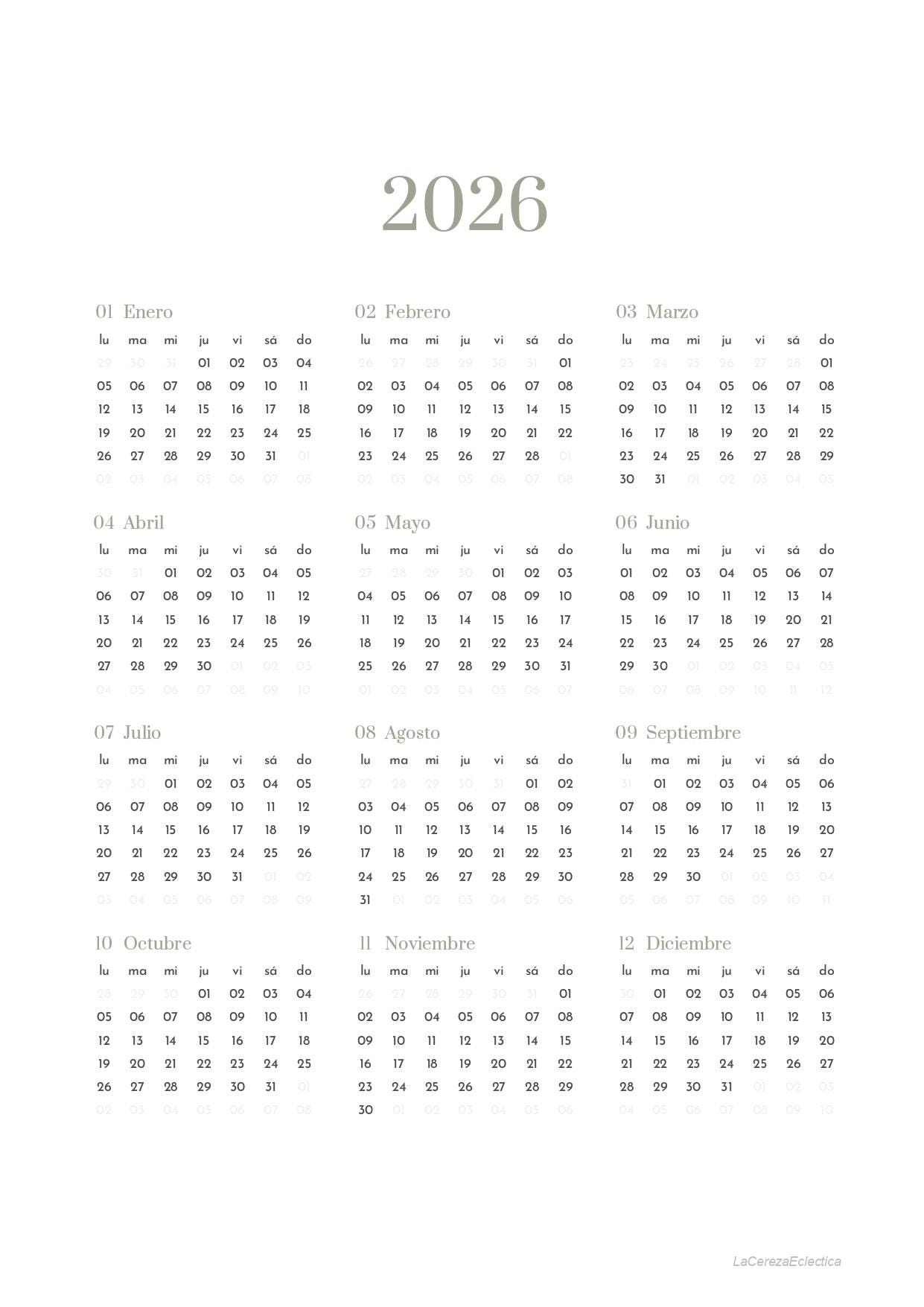 2026 Boho Olive Calendar for Printing • A4 & A3 Annual • Starts Monday ...