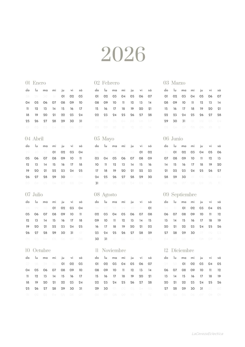 2026 Boho Olive Calendar for Printing • A4 & A3 Annual • Starts Monday ...