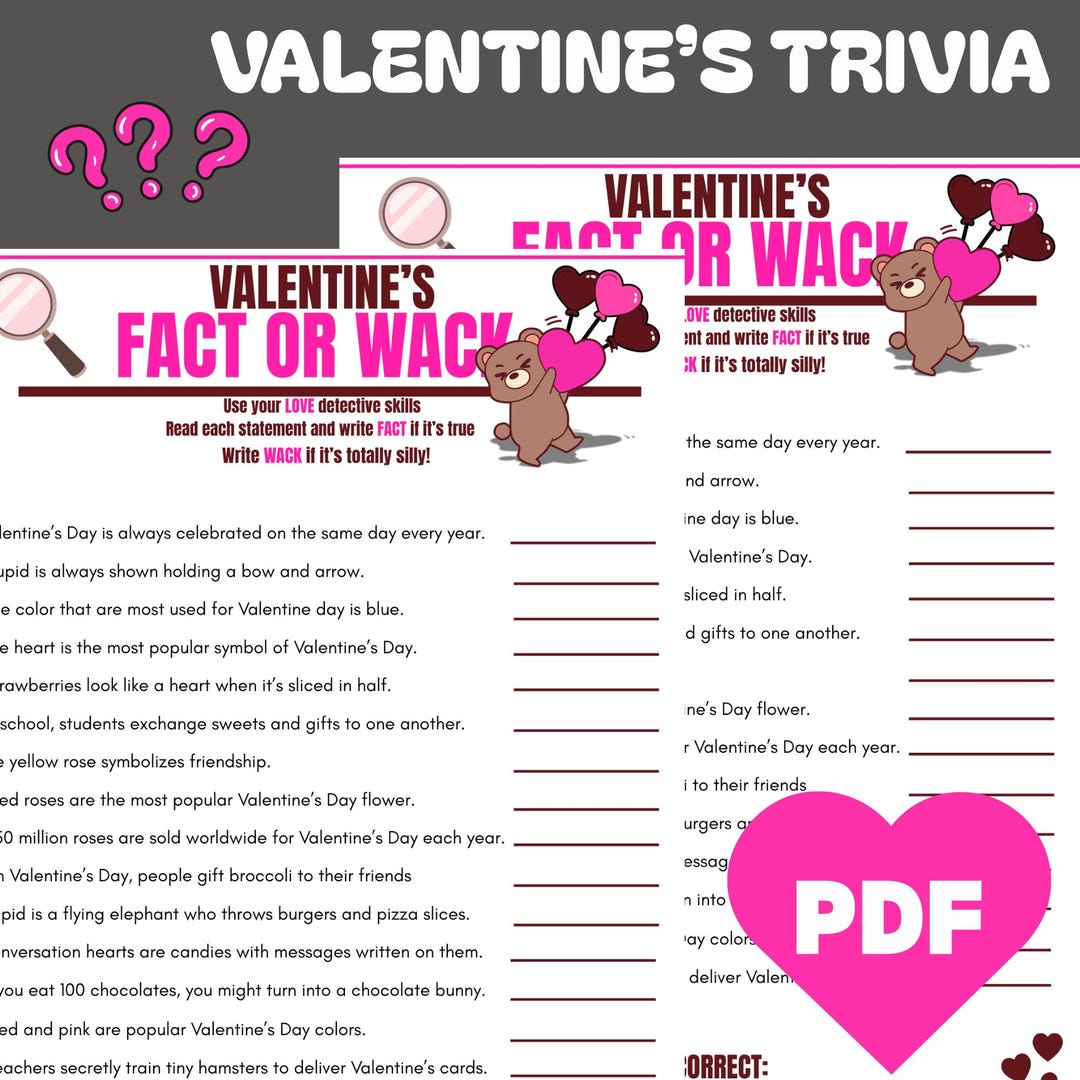 Valentine's Day Trivia Game: Fact or Wack, Kids & Adults (printable PDF ...