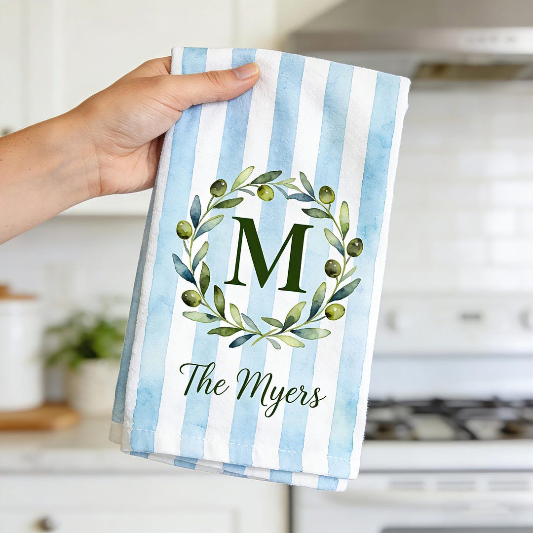 Personalized Monogram Kitchen Towel, Custom Olive Wreath Tea Towel ...