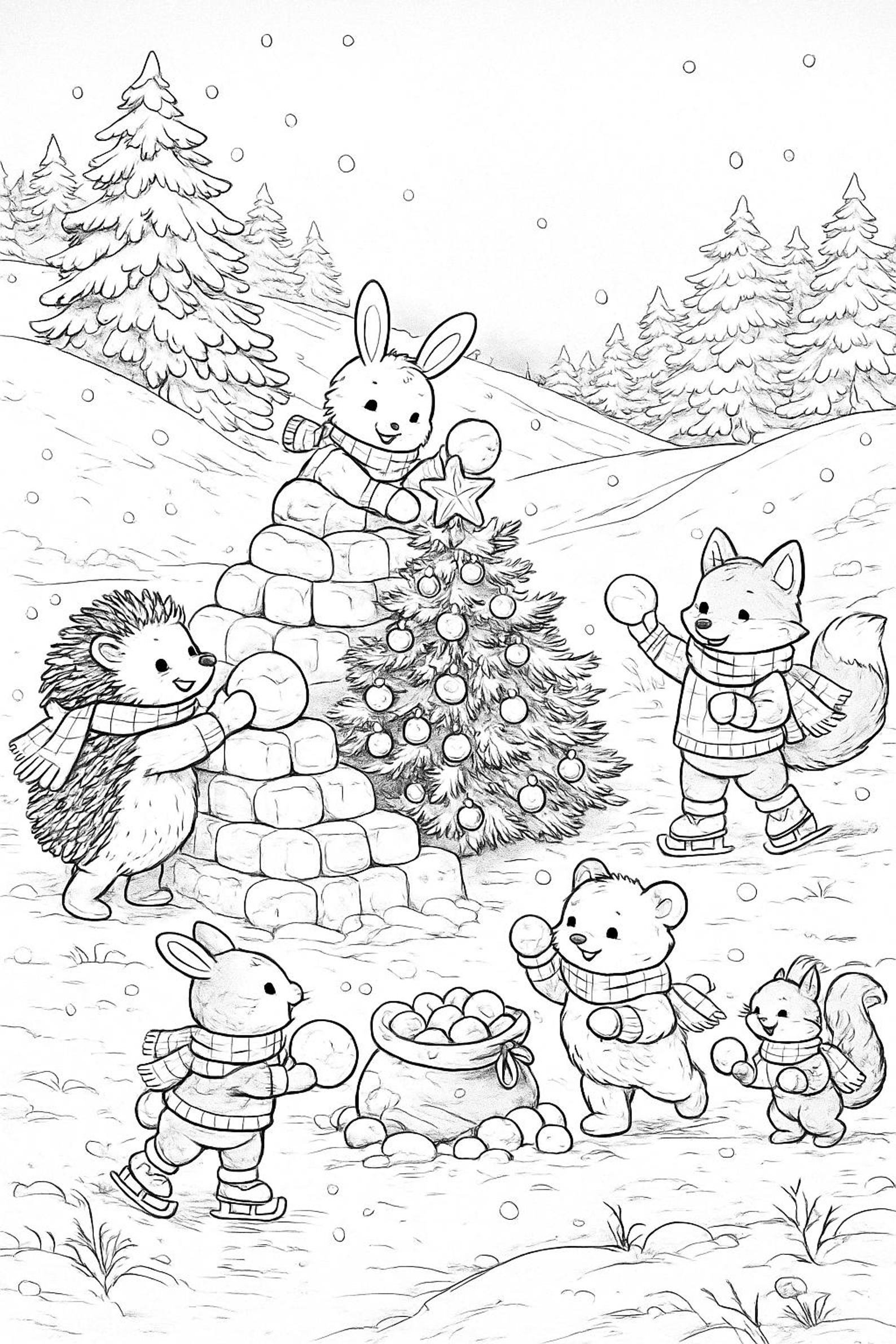 Winter Animals Coloring Page – Hedgehog, Bunny, Sledding (digital ...