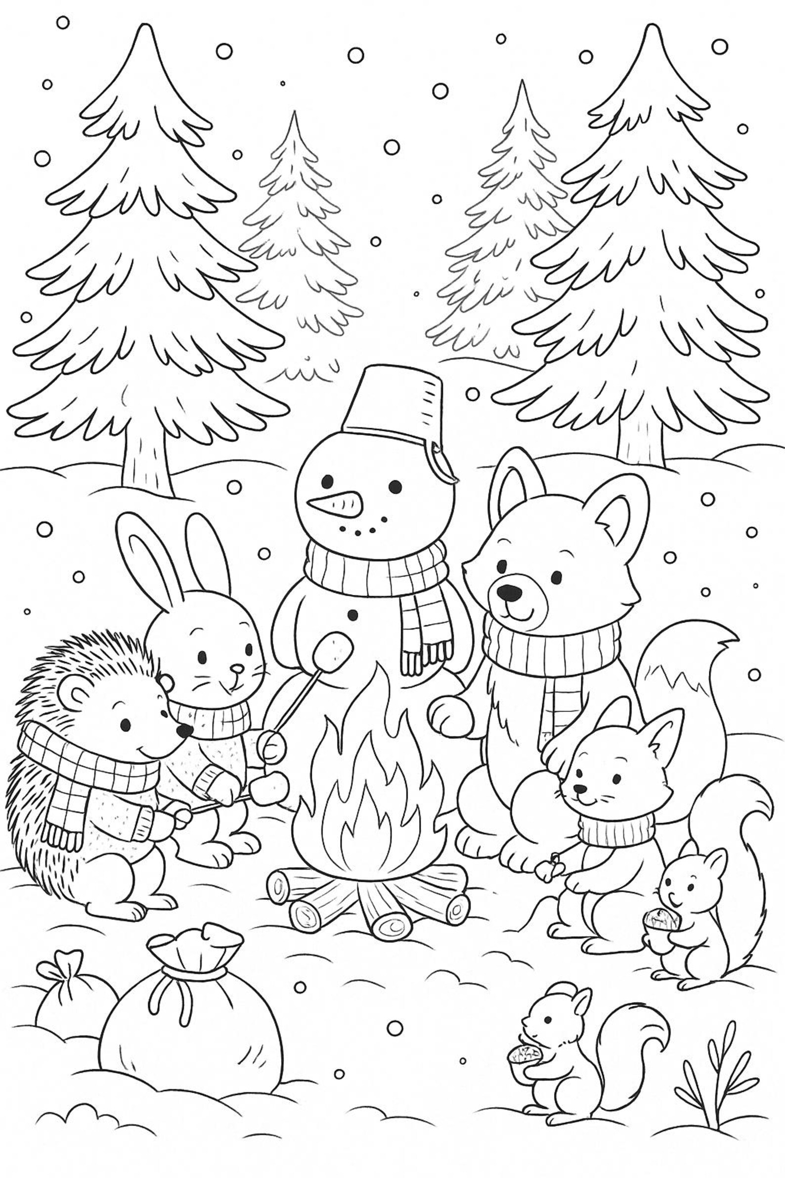 Winter Animal Coloring Page – Hedgehog & Bunny, Sledding Scene (digital ...