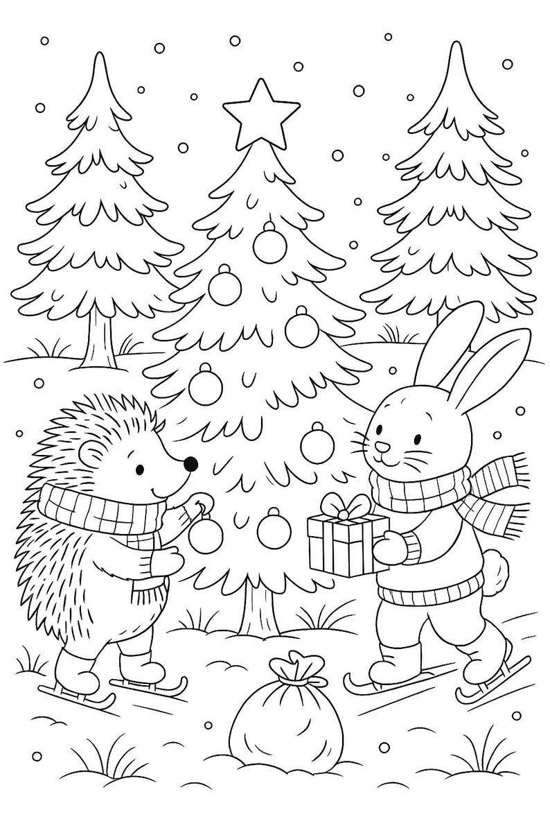 Christmas Tree Decorating Coloring Page – Hedgehog & Bunny | Cute ...