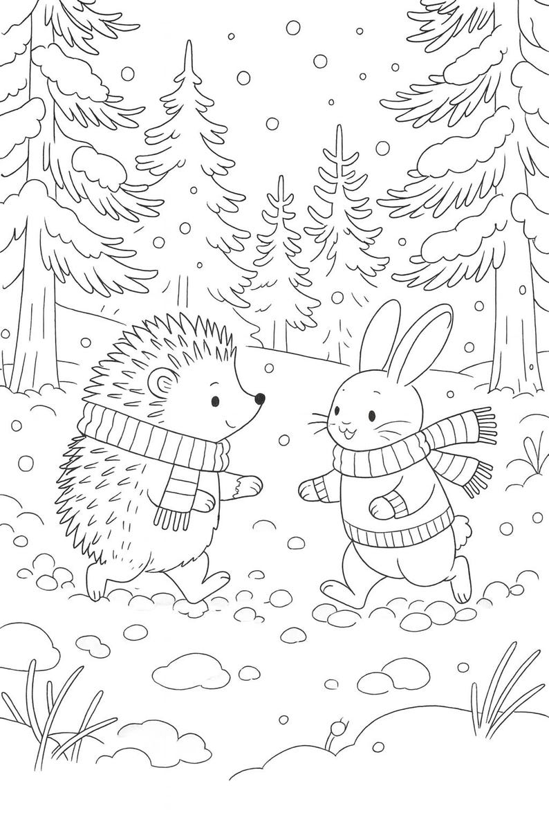 Winter Sledding Coloring Page – Hedgehog & Bunny | Cute Animal Coloring ...