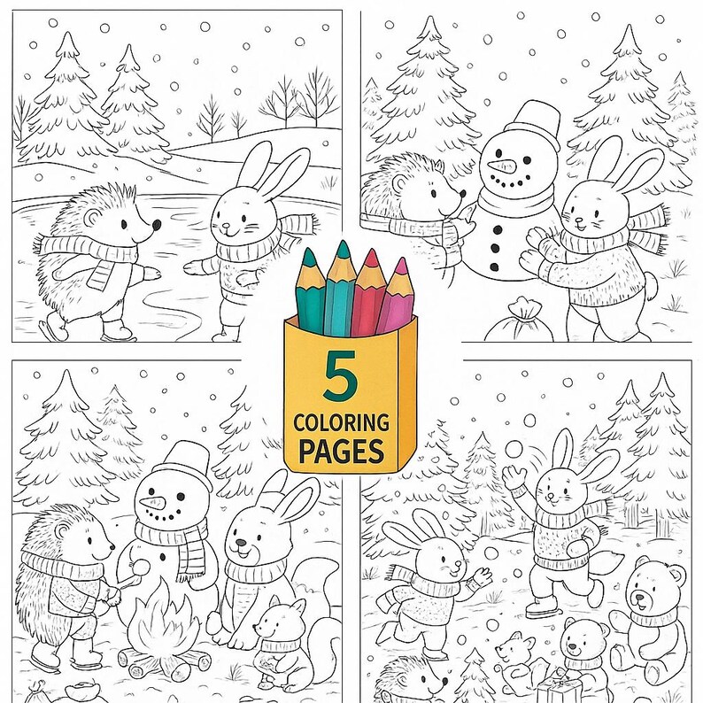 Winter Animals Coloring Pages – Printable Kids Activity Set (PNG) - Etsy