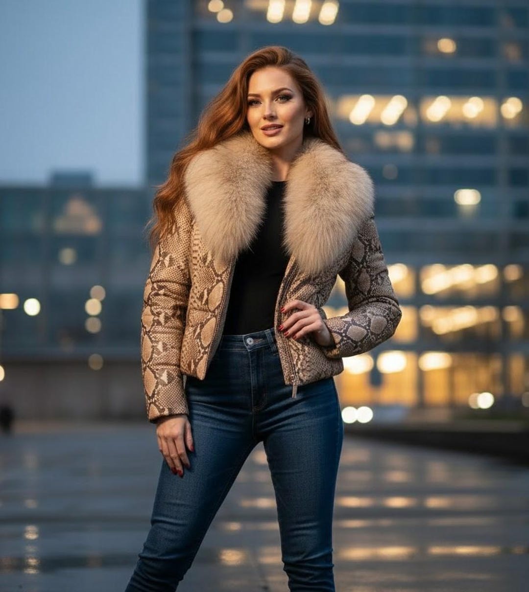 Women's Luxury Python Snakeskin Leather Jacket Real Fox Fur Collar ...