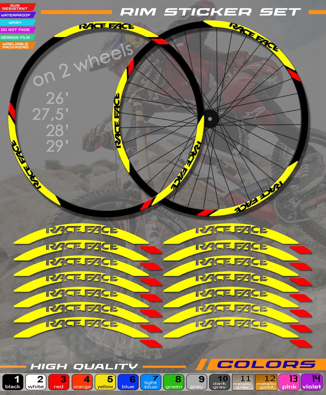 Race Face Stickers on Bicycle Rims. ALL Colors Available, High Quality ...