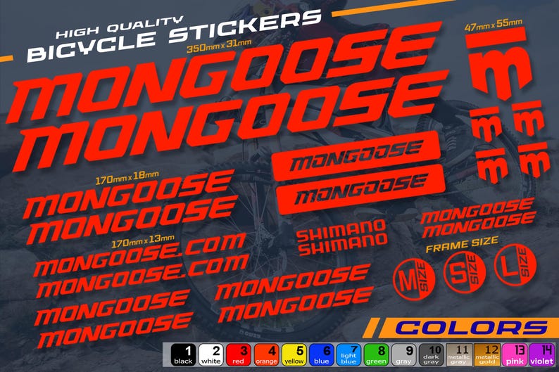 Bicycle Stickers MONGOOSE. ALL Colors Available, High Quality. Set of ...