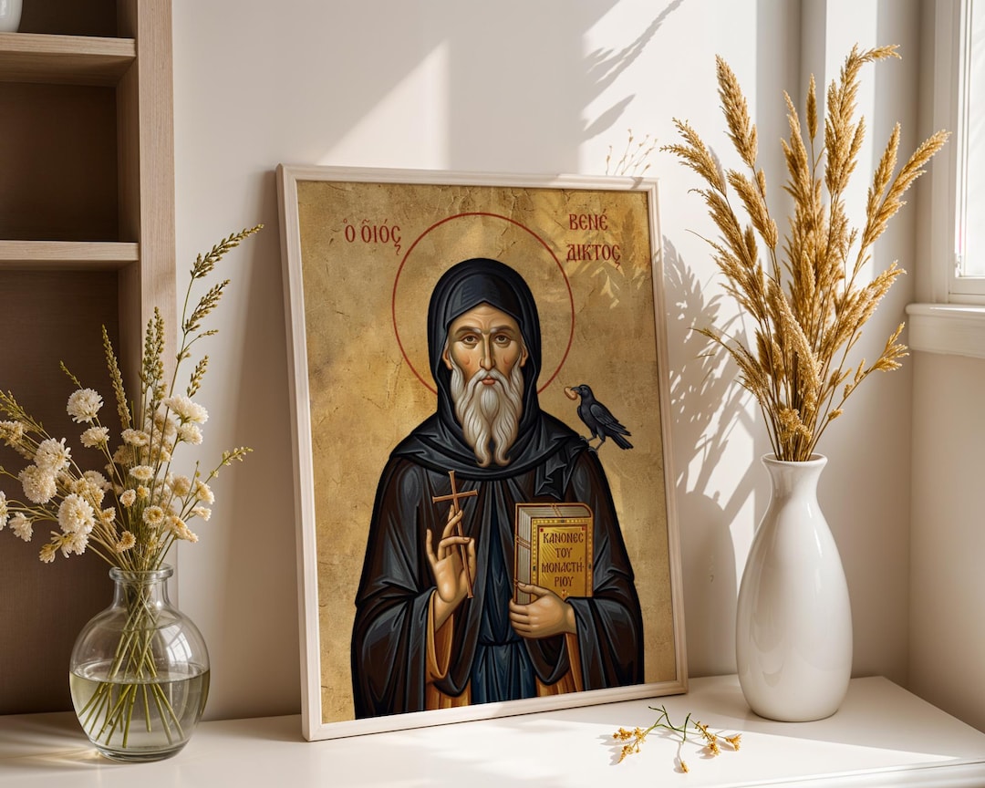 Saint Benedict Icon, Monastic Saint Art, Catholic Wall Decor - Etsy