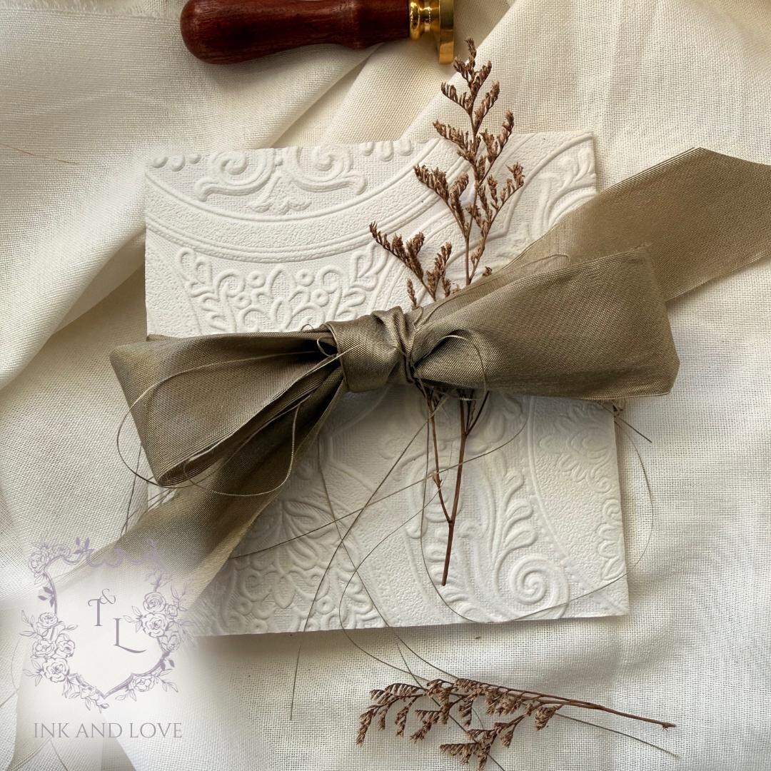 Embossed Ivory Pocket Wedding Invitation With Taupe Frayed Ribbon ...