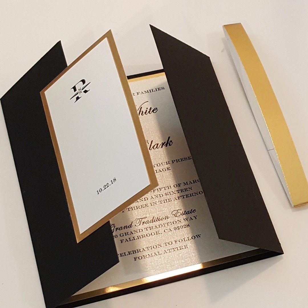 Black & Gold Mirror Wedding Invitation | 24k Look Gated Suite | Elegant ...