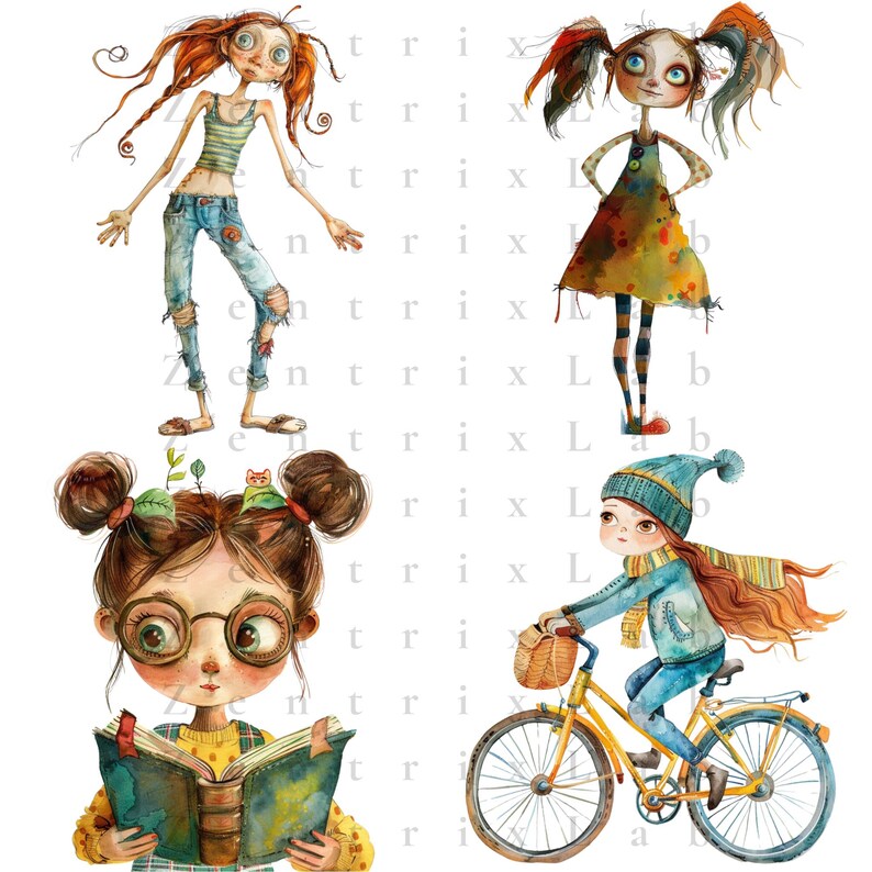 Whimsical Girl Clipart Bundle PNG | Watercolor Character Set | Fantasy ...