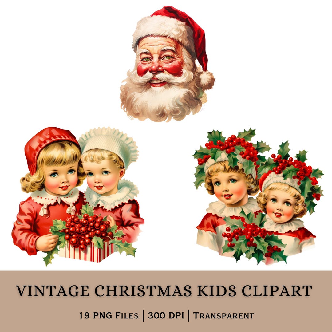 Vintage Christmas Kids Clipart Bundle | Retro Santa, Children Graphics ...