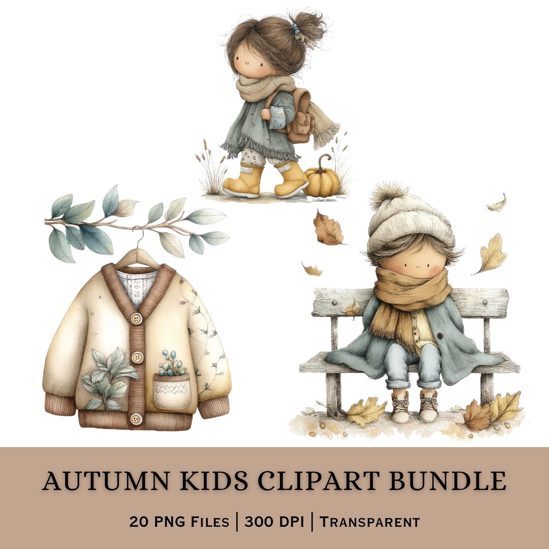 Autumn Kids Clipart Bundle PNG | Fall Children Illustrations | Boho ...
