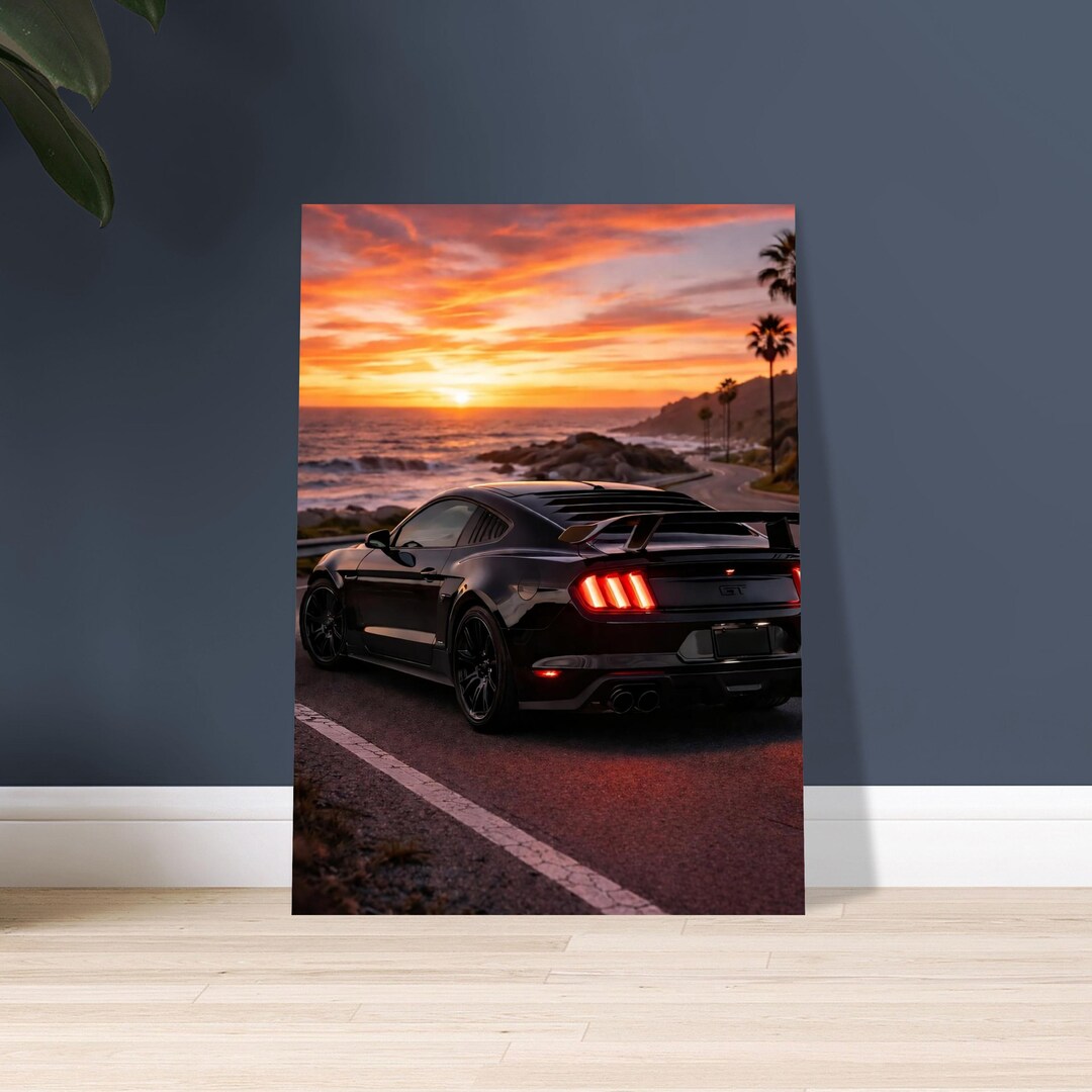 Ford Mustang GT Sunset Wall Art – Black Muscle Car on Coastal Road ...