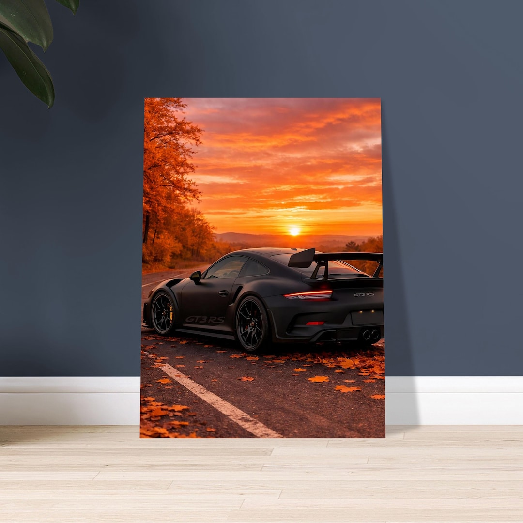 Porsche 911 GT3 RS Sunset Wall Art – Black Supercar on Autumn Road ...