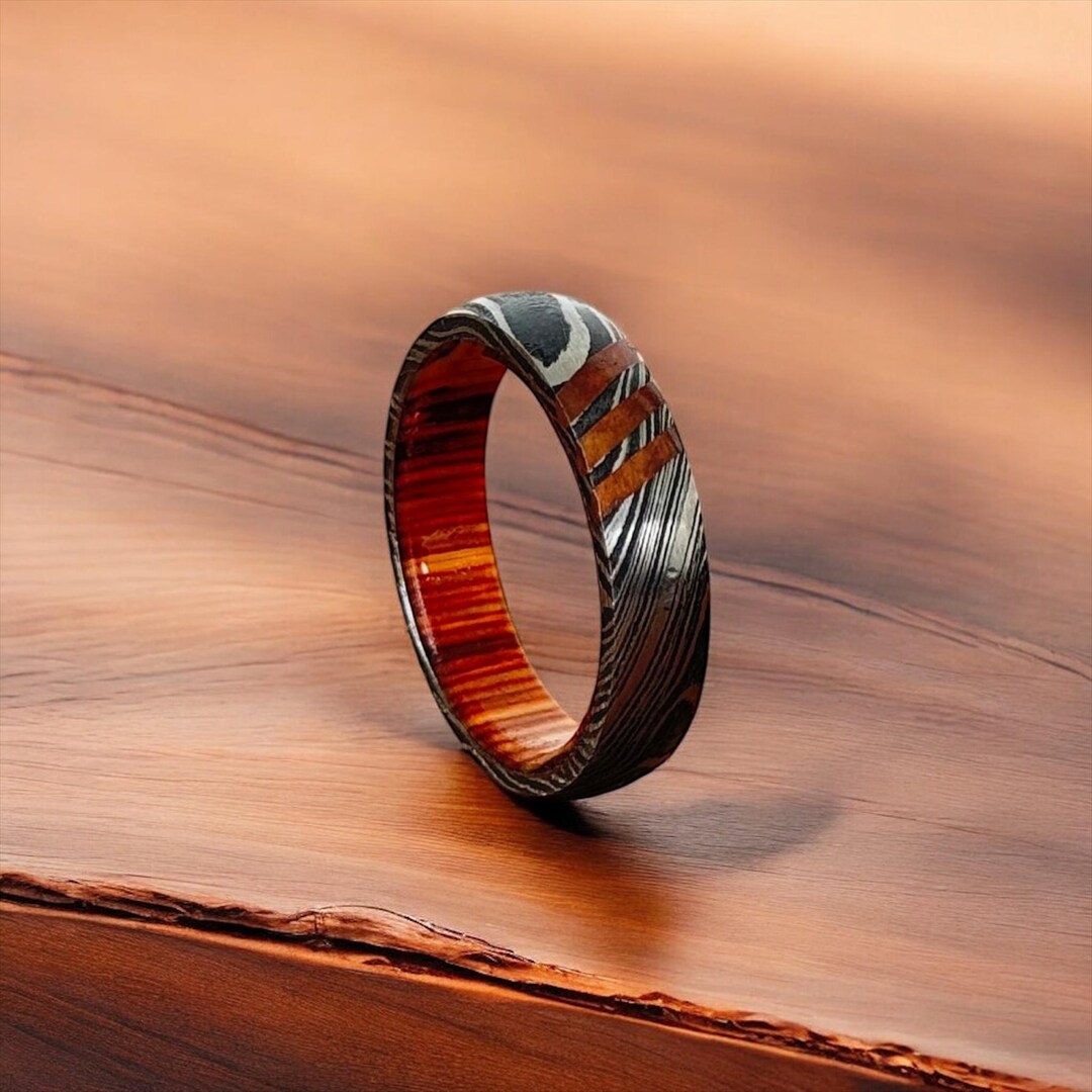 Damascus Whiskey Barrel Ring With 3 Copper Stripe for Men Rustic ...