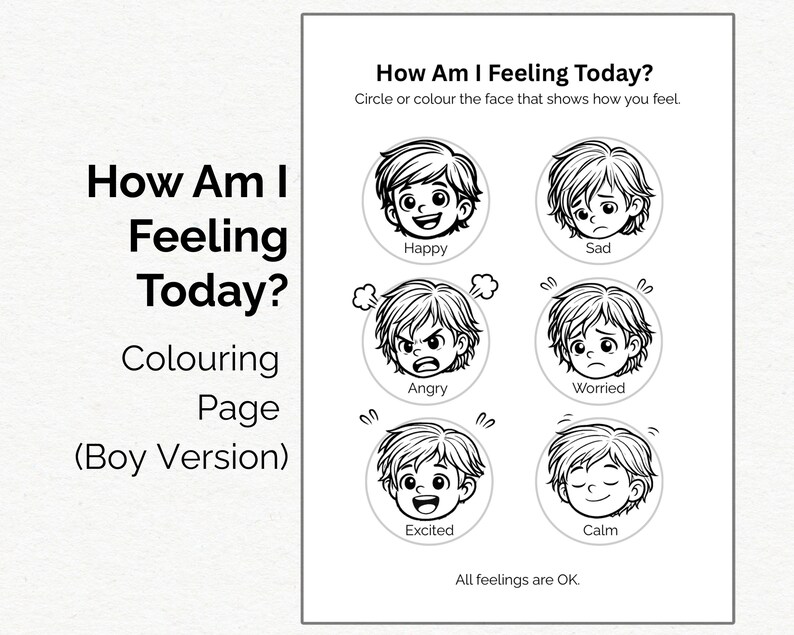 Feelings Colouring Page, Emotions Worksheet, SEL Activity (boy ...