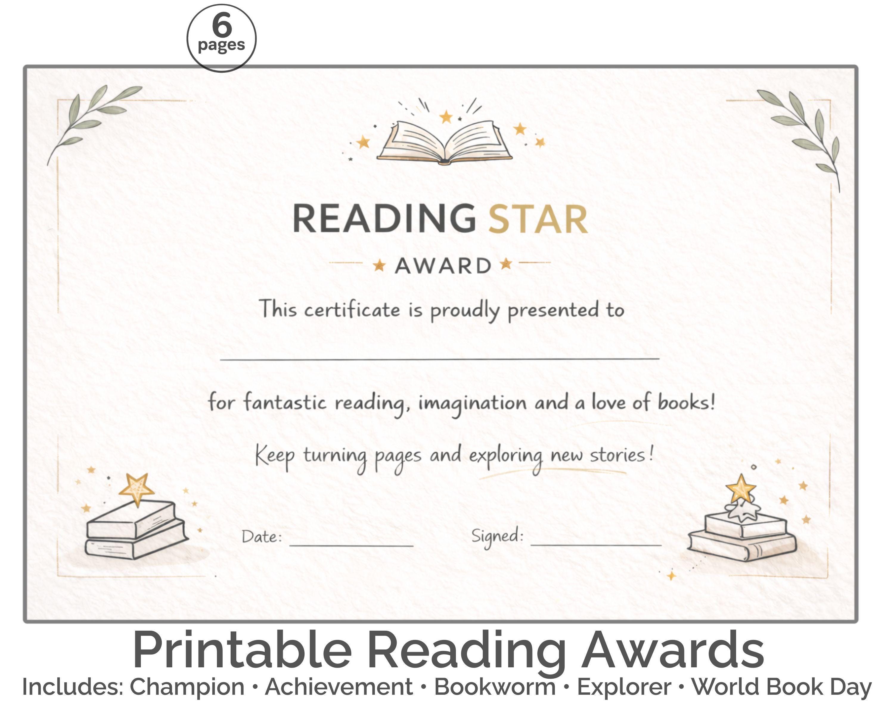 Reading Award Certificate Printable | World Book Day | Kids Reading ...