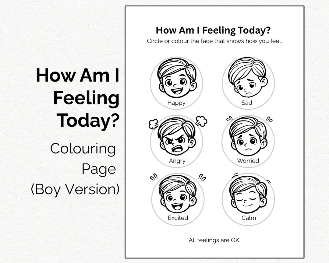 Feelings Colouring Page Boy Printable, Emotions Worksheet, Social ...