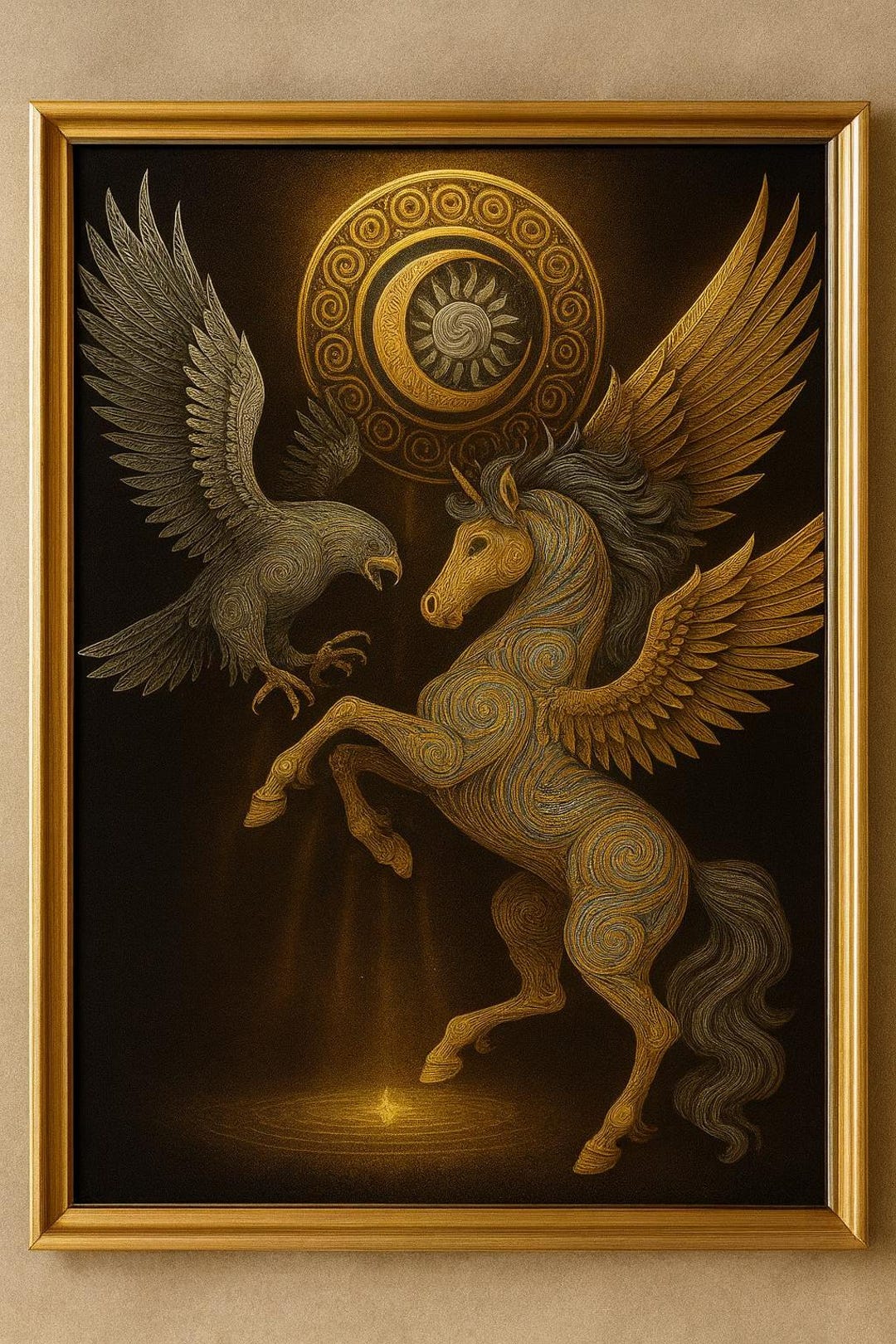 Mythic Pegasus & Eagle Duel Art • Gold–silver Inlay Linework • Fantasy ...