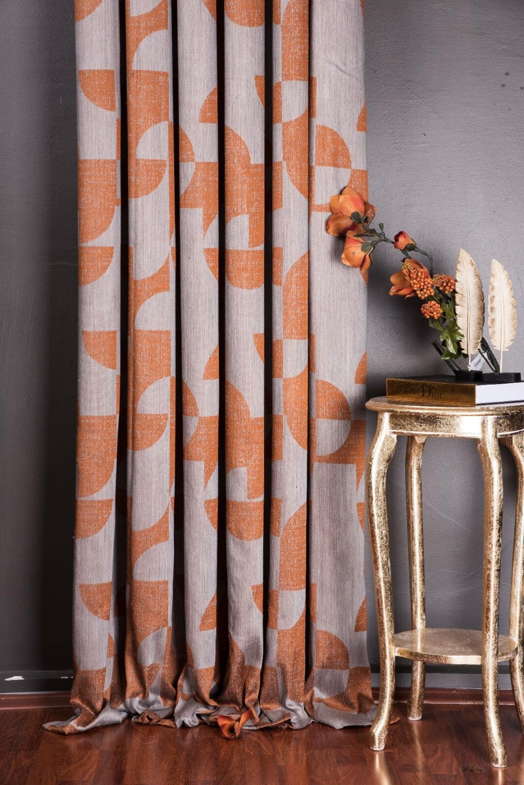 Terracotta Geometric Curtain – Modern Retro Window Drapes, Warm Neutral ...