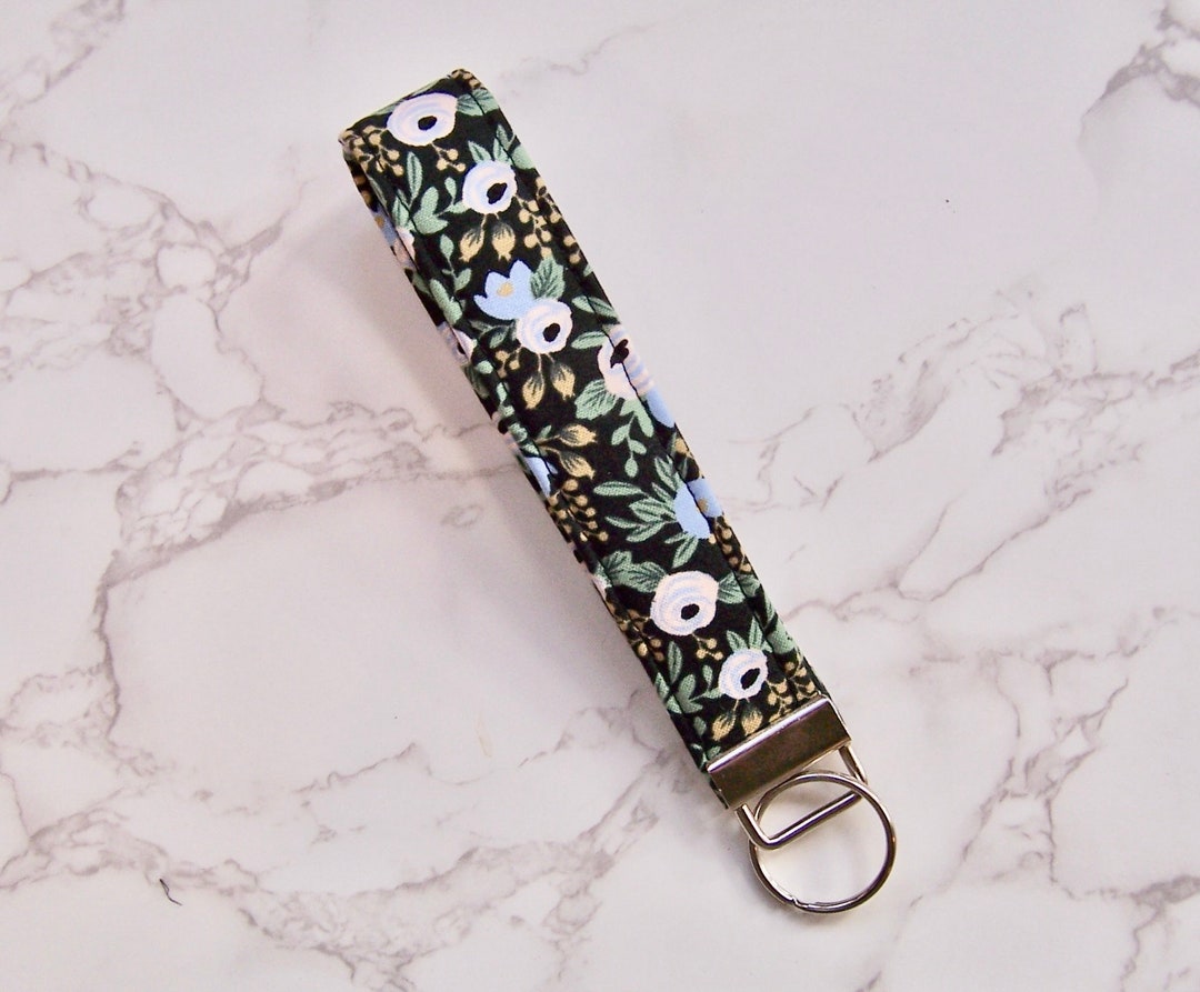 Pretty Key Fob in a Black Flower Rifle Paper Fabric , Preppy Key Strap ...