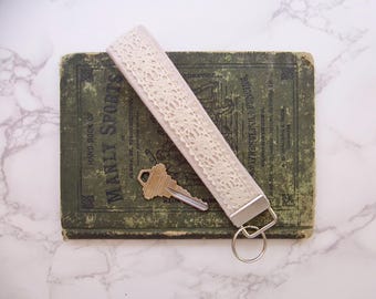 Pretty Key Fob in a Linen Fabric With Lace , Preppy Key Strap , Pretty ...