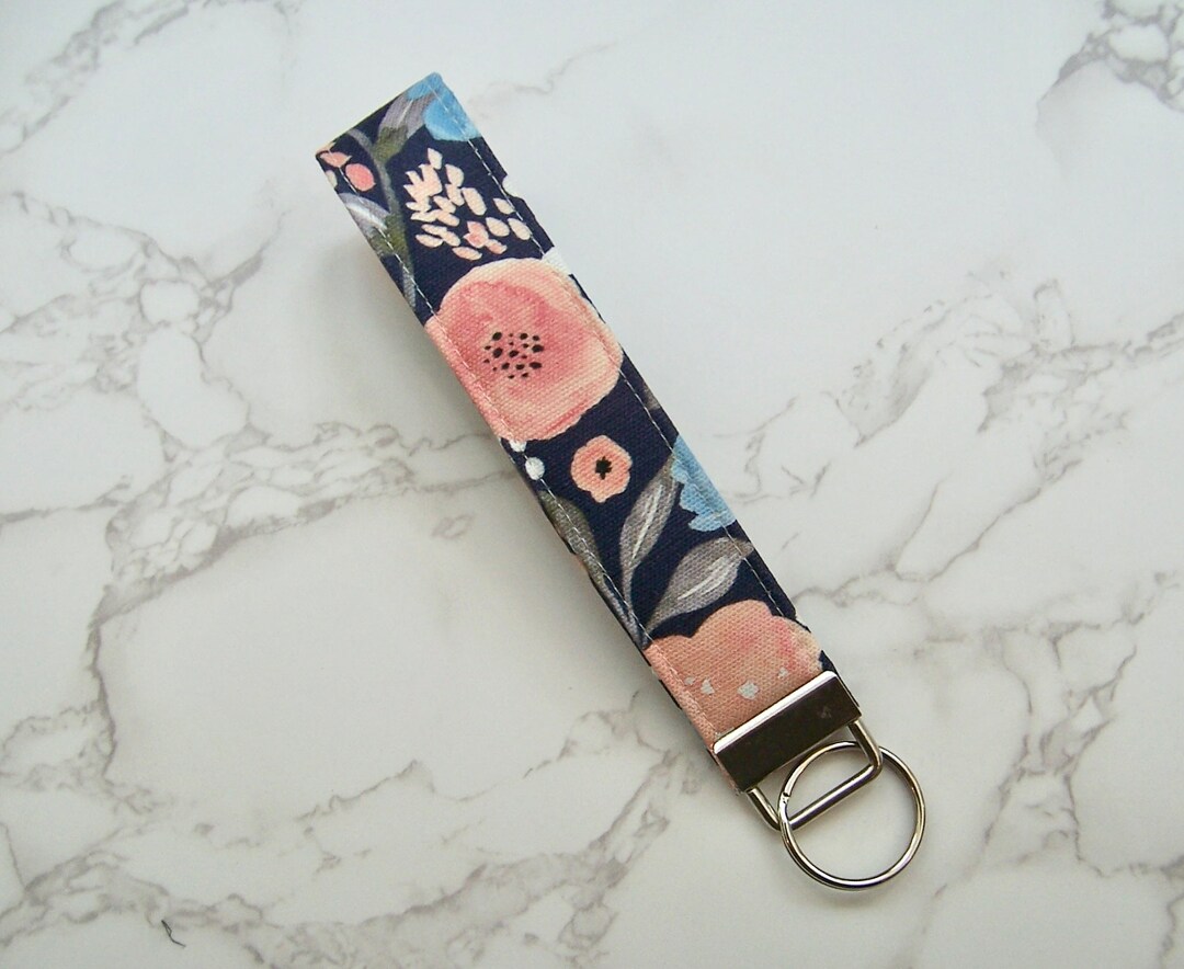 Pretty Key Fob in a Blue With Flowers Fabric , Preppy Key Strap ...