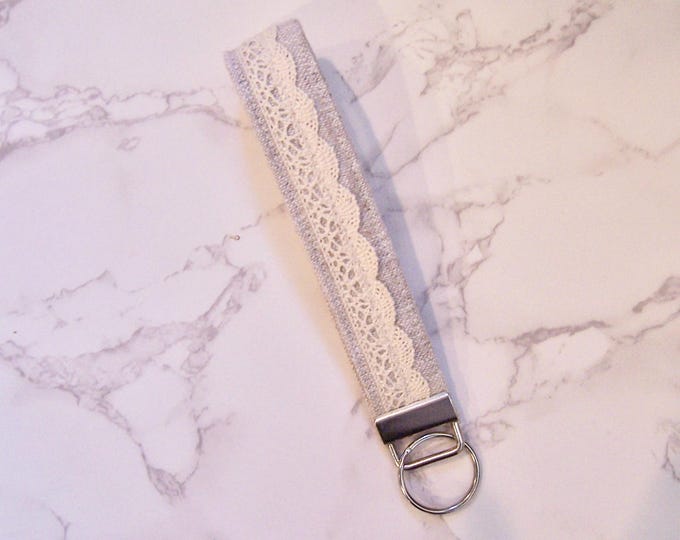 Pretty Key Fob in a Linen Fabric With Lace , Preppy Key Strap , Pretty ...