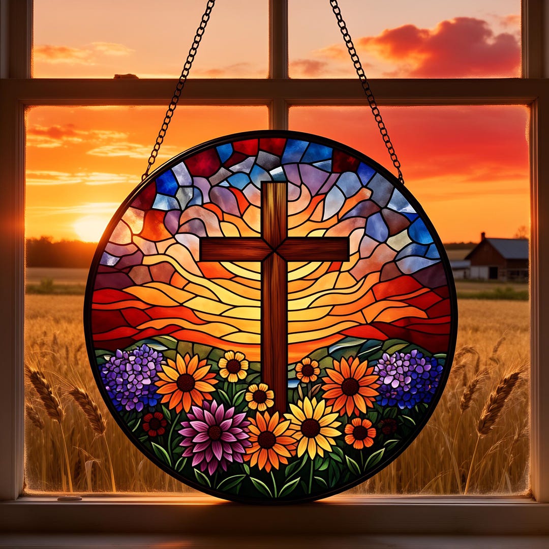Sunflower Cross Stained Glass Suncatcher,christian Faith Window Decor ...