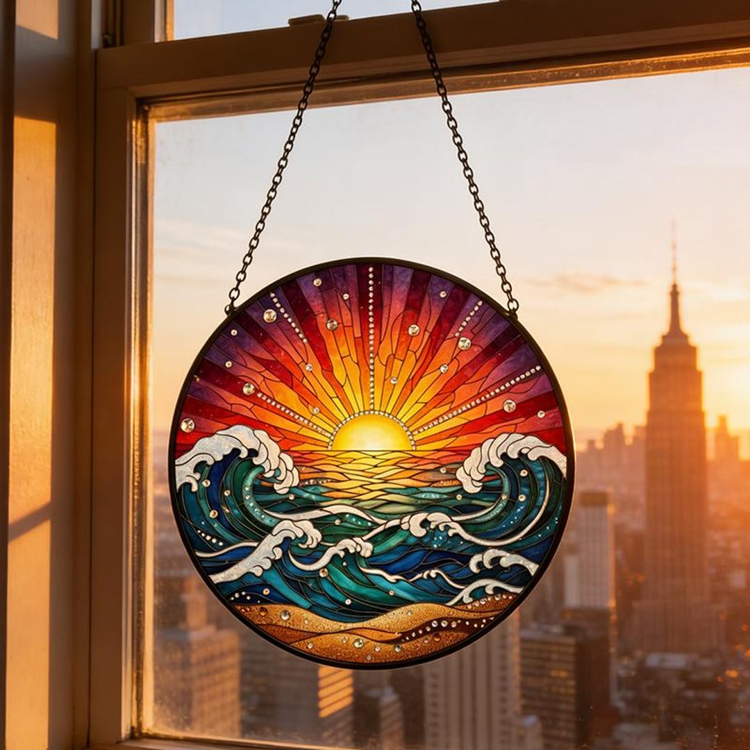 Ocean Wave Stained Glass Sun Catcher With Crystals,sunset Beach Window ...