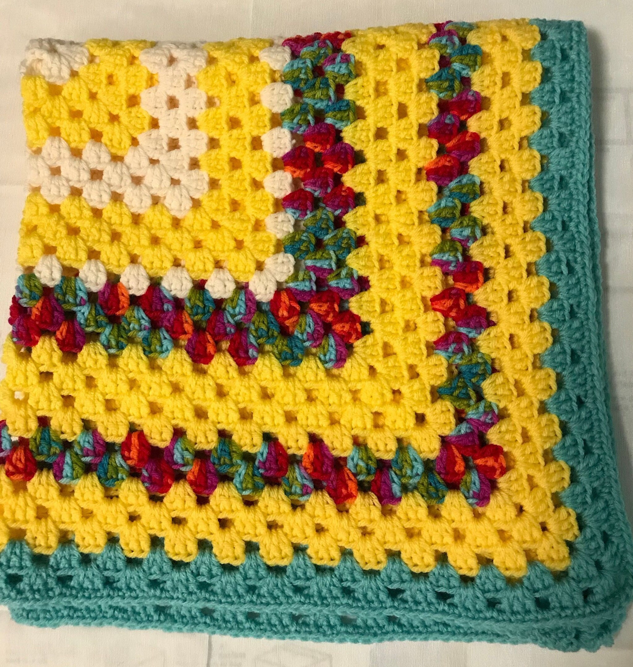 Crocheted Granny Square in Yellow With Variegated Yarn Accents - Etsy