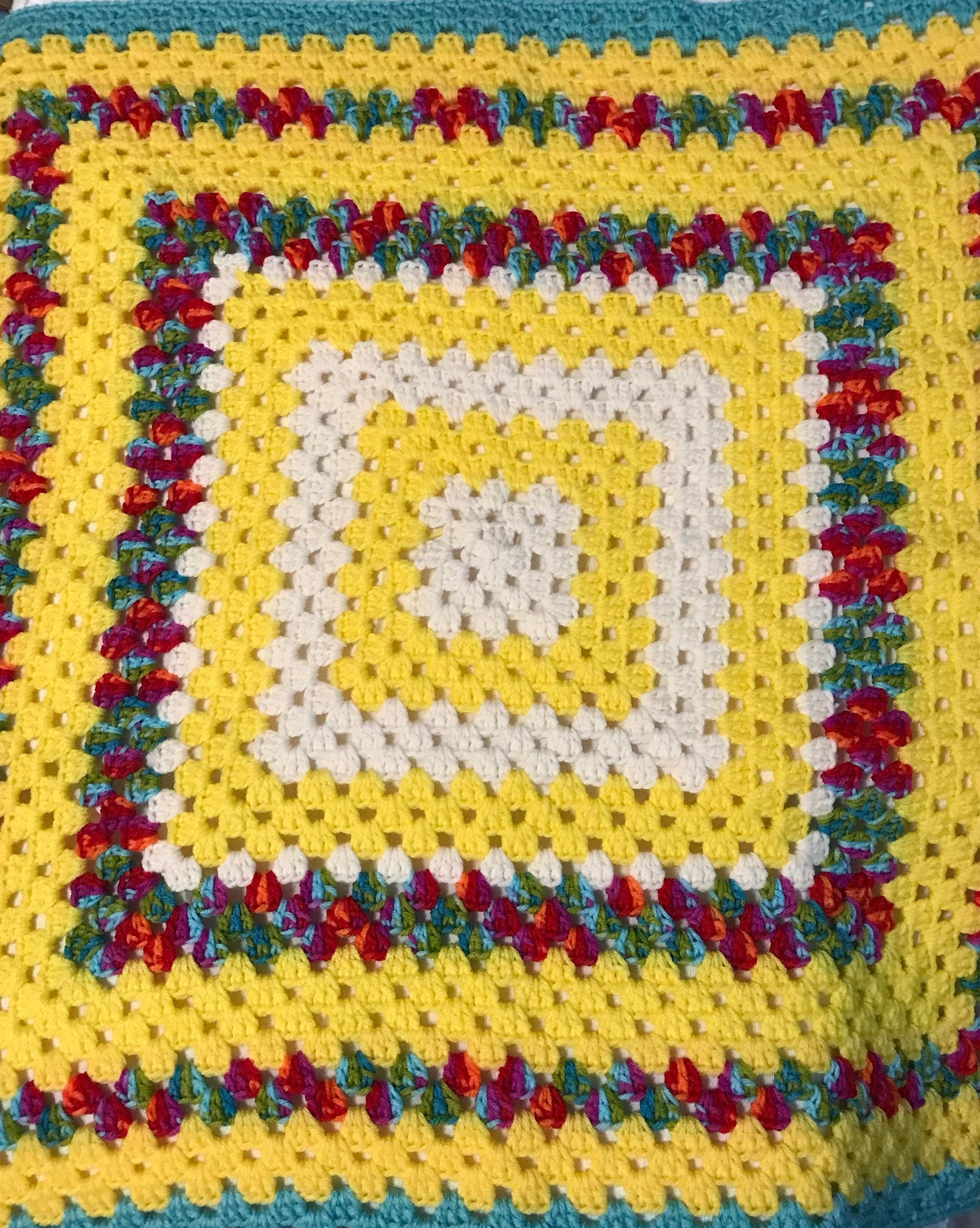 Crocheted Granny Square in Yellow With Variegated Yarn Accents - Etsy