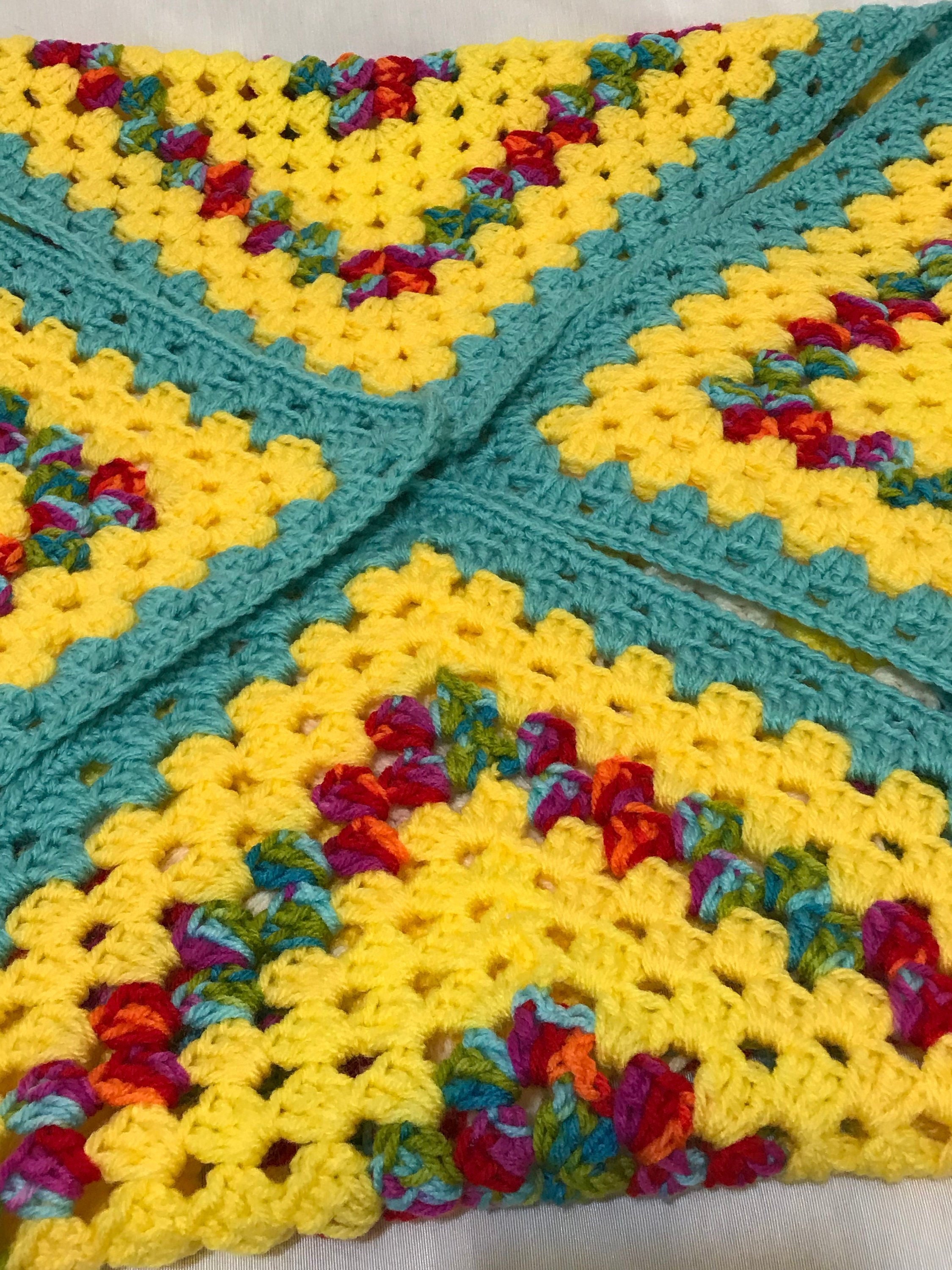 Crocheted Granny Square in Yellow With Variegated Yarn Accents - Etsy