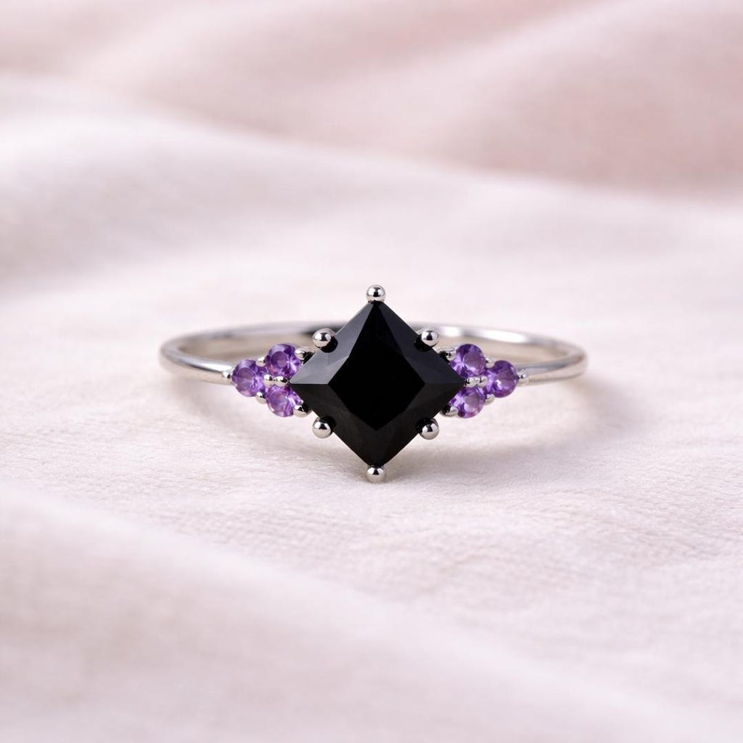 Princess Cut Black Onyx Ring, Amethyst Accent, Gothic Engagement Ring ...