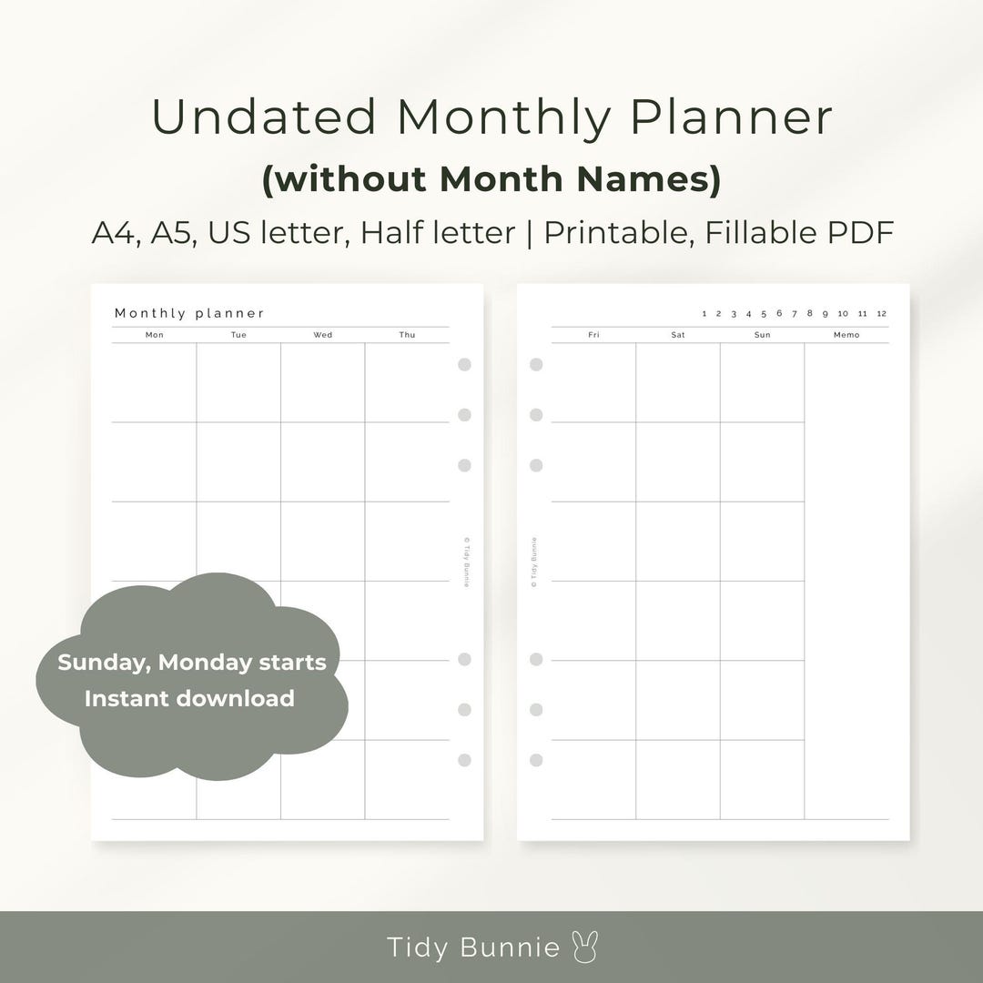 Undated Monthly Planner Printable: Minimalist, Reusable, Fillable (a4 ...