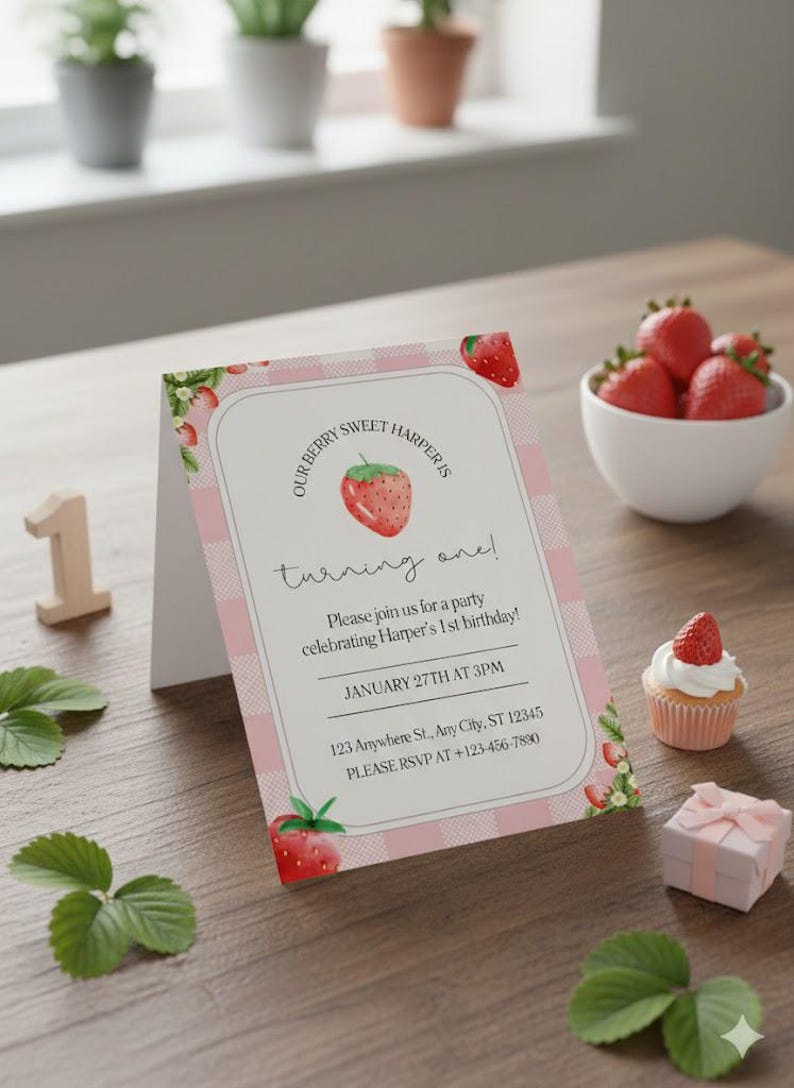 Berry First Birthday Invitation | Strawberry Sweet Party , Done for You ...