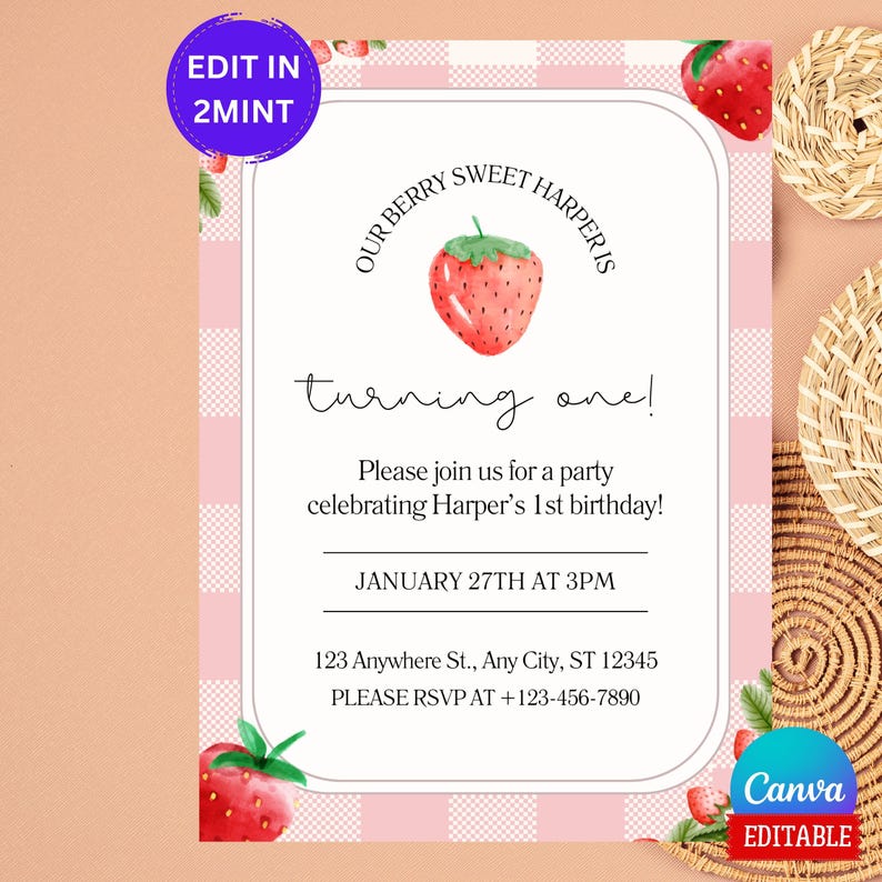 Berry First Birthday Invitation | Strawberry Sweet Party , Done for You ...
