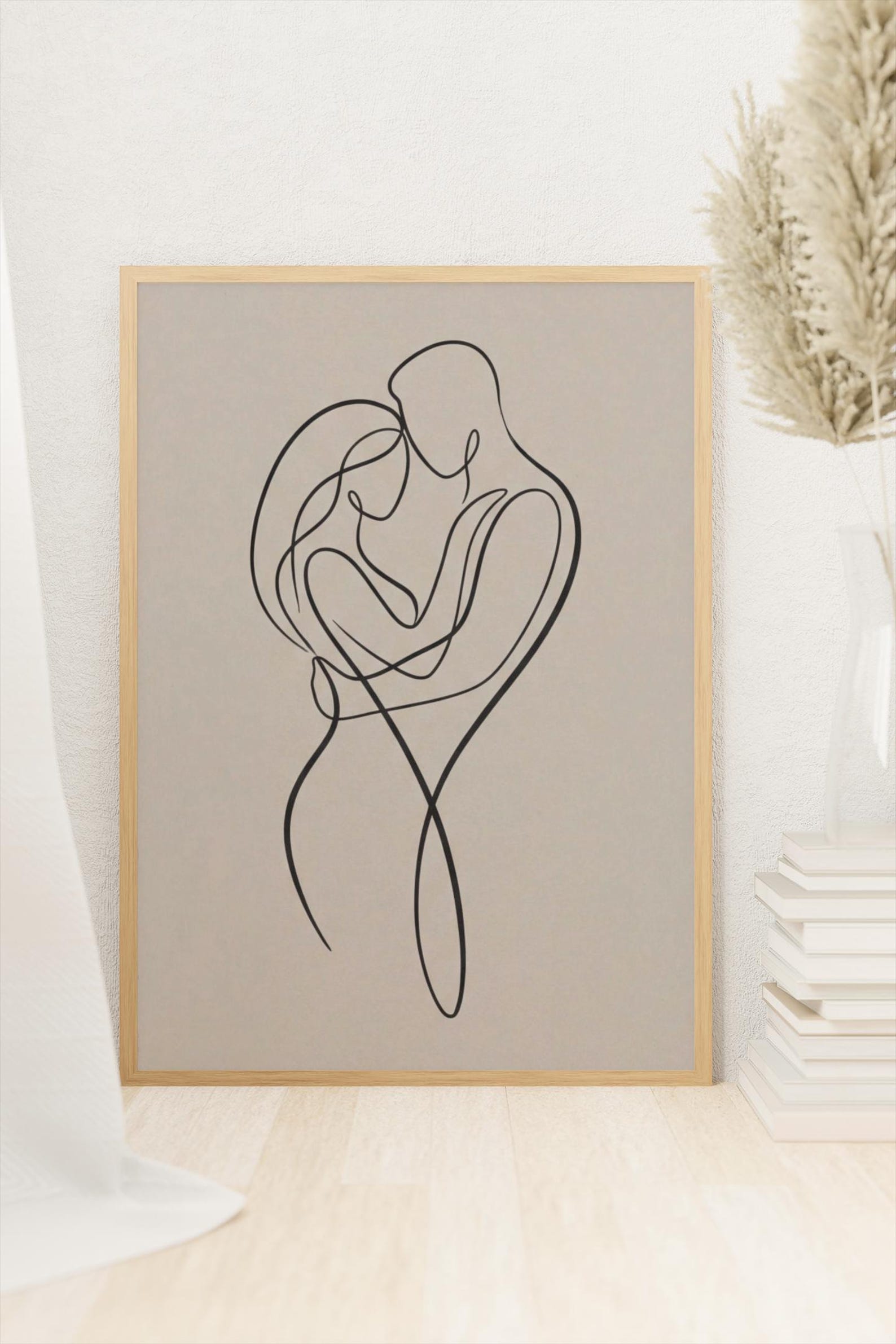 Minimal One Line Art Couple Embrace, Abstract Lovers Illustration - Etsy