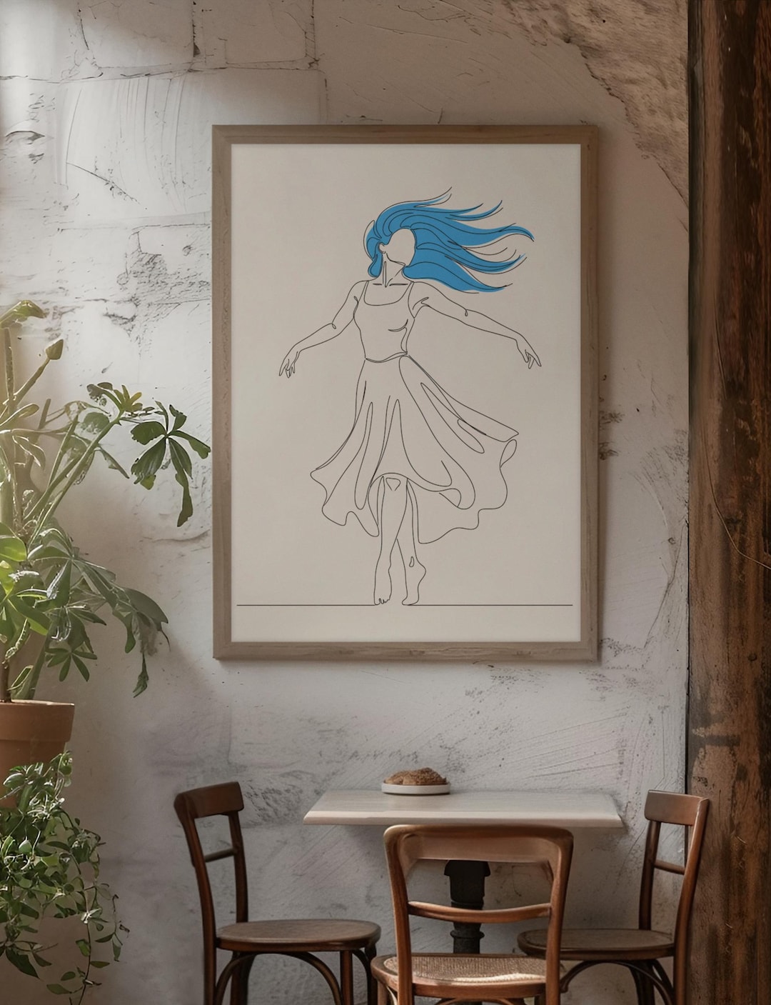 Dancing Woman Line Art, Minimal Female Figure With Blue Hair - Etsy