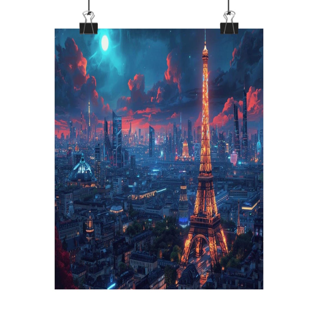 Futuristic Neon Paris Skyline Poster Matte Vertical Poster - Etsy